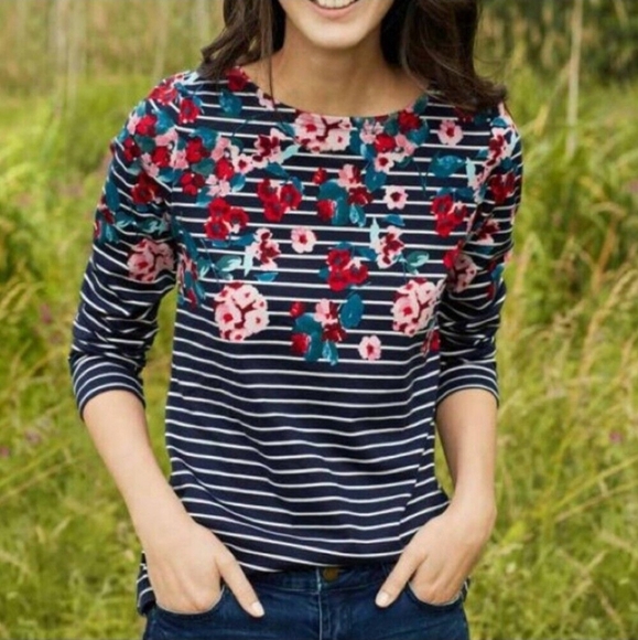 Joules | Tops | Joules Harbor Print Jersey Top In Navy Floral Stripe ...